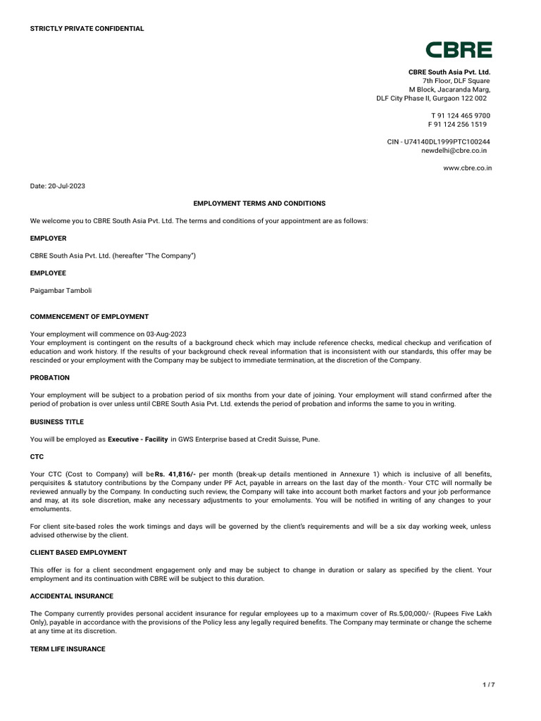 CBRE Employment Terms for Paigambar Tamboli | PDF | Employment | Insurance