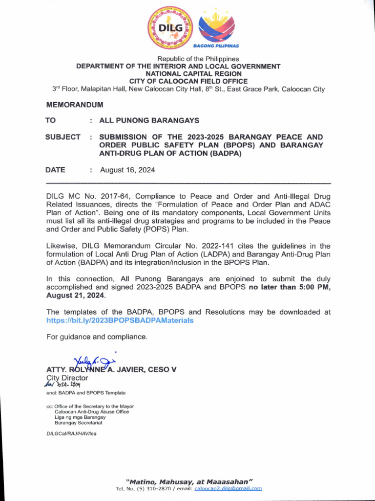 Memo To PBs Submission of The 2023 2025 Barangay Peace and Order Public ...