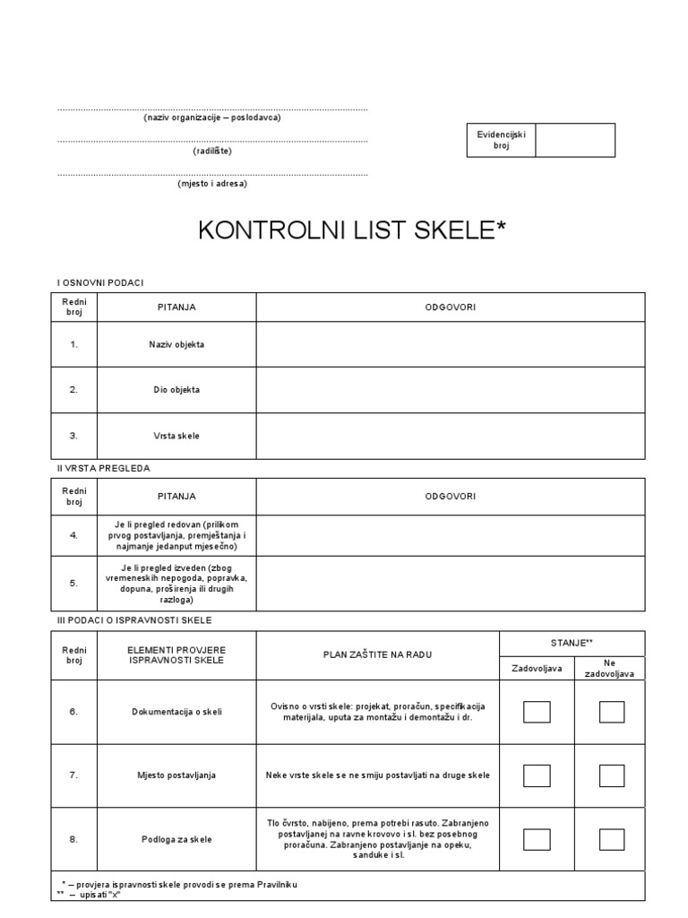 Obrazac Kontrolni List Skele | PDF