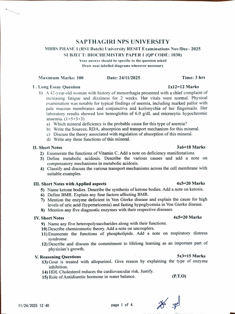 Biochemistry Resit Paper 1 (1030) | PDF | High Density Lipoprotein | Anemia