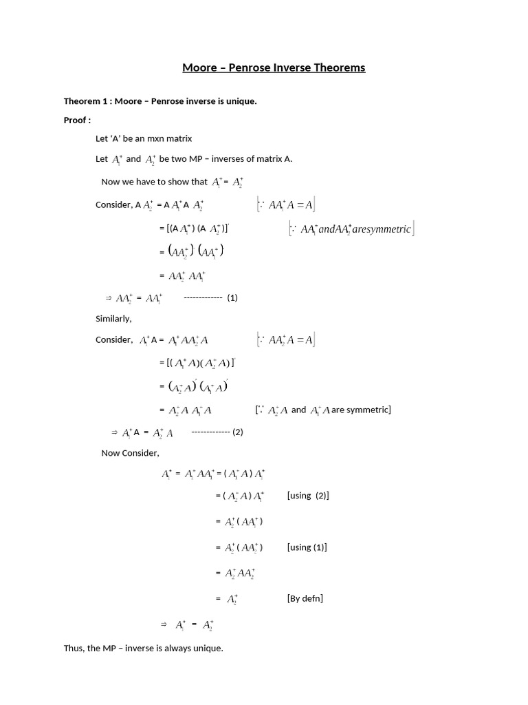 MP Inverse & G-Inverse Theorems | PDF | Abstract Algebra | Mathematics