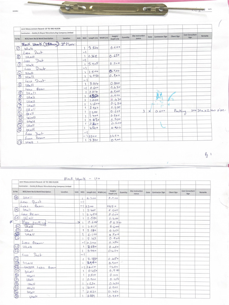1st Floor - Block Work Measurement Sheet | PDF