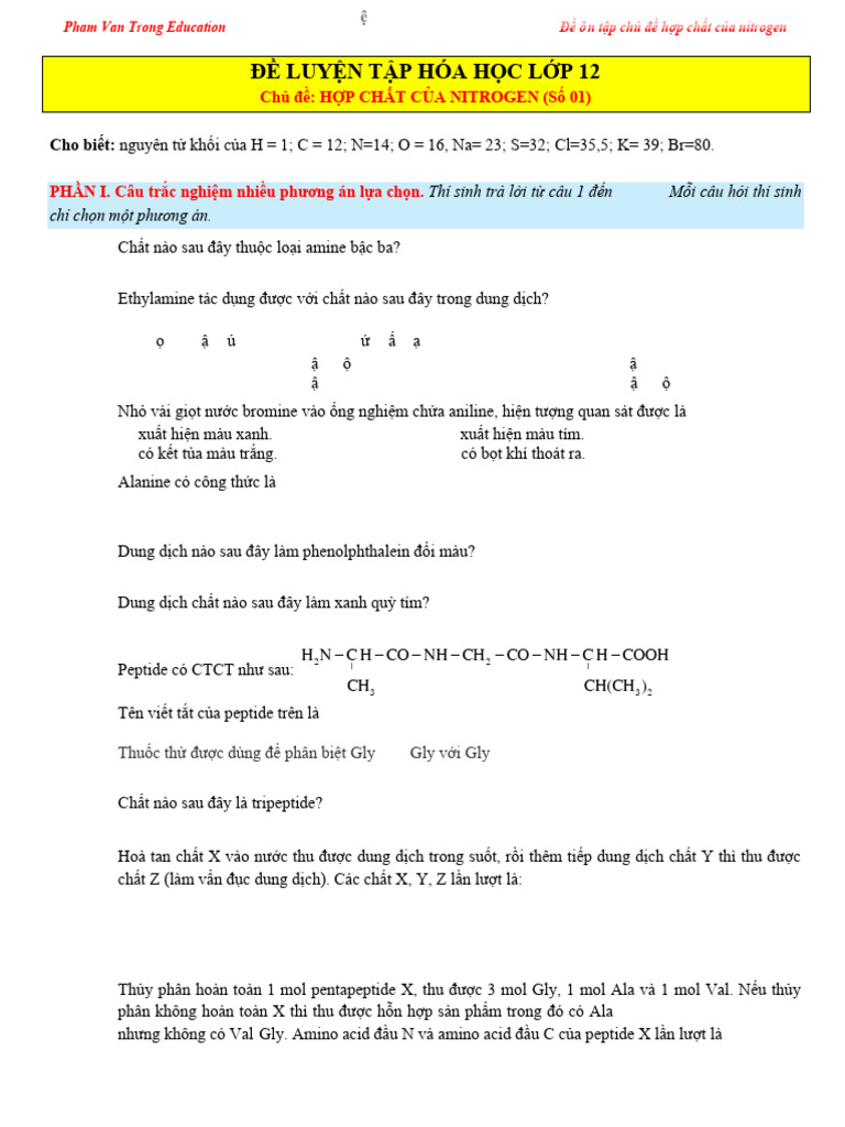 (Tờ 2.1) Hóa 12-Chương 3-Hợp Chất Của Nitrogen-đề Luyện Tập Số 01-Đề | PDF