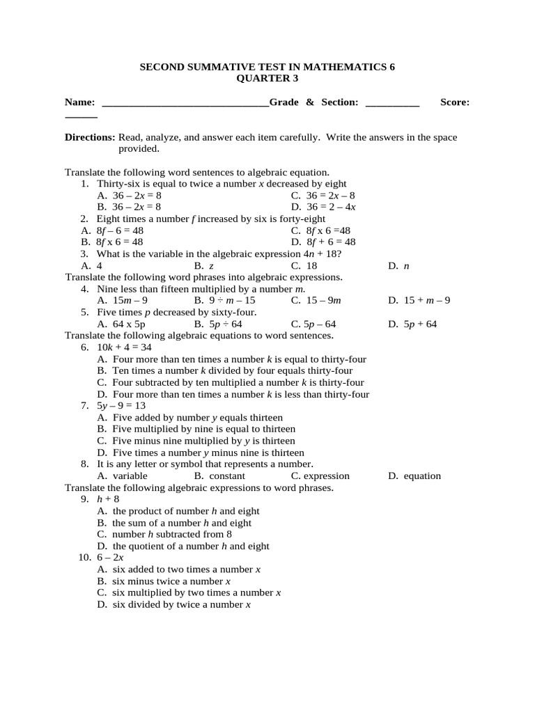 Math 6 Quarter 3 Test: Algebraic Equations | PDF | Numbers | Equations