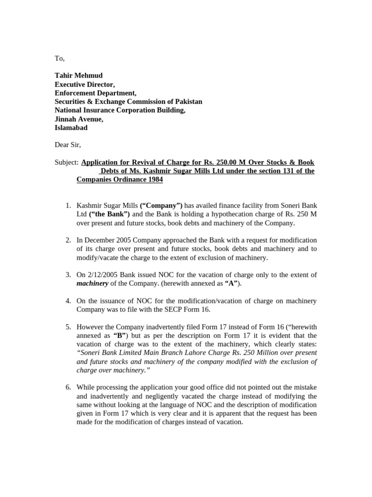 Application for Revival of charge - SBL - Kashmir Sugar Mills Limited ...