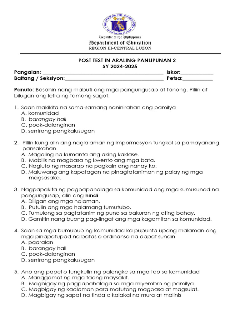 Apan2 Post Test Tagalog 2024-2025 | PDF