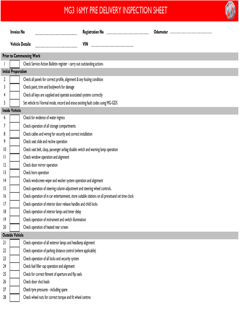 MG3 Pre-Delivery Inspection Checklist | PDF | Leak | Vehicles