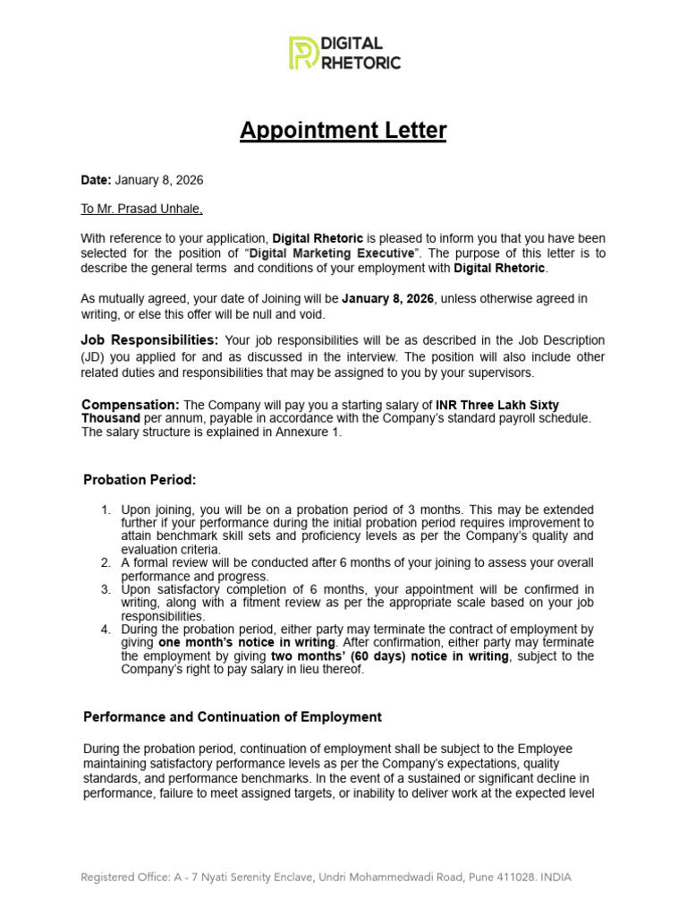 Digital Marketing Executive Appointment Letter | PDF | Employment ...