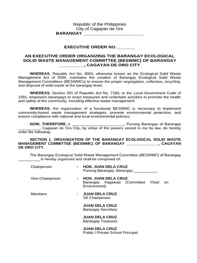 BESWMC Executive Order Template | PDF | Waste Management | Waste