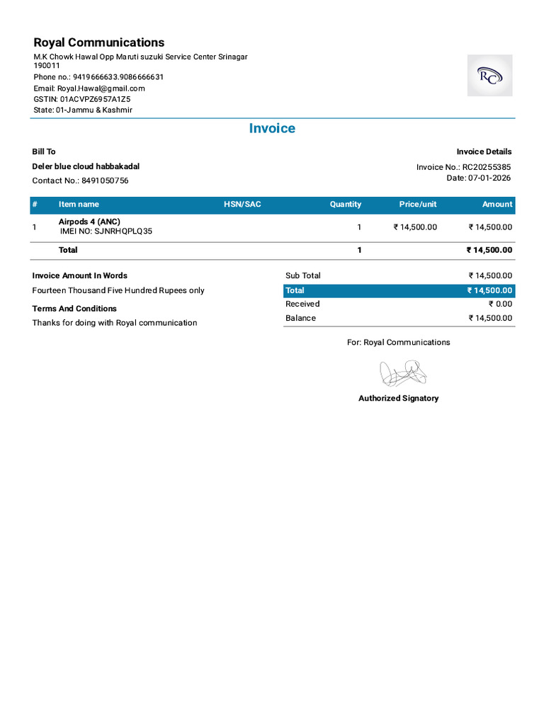Royal Communications Invoice RC20255385 | PDF