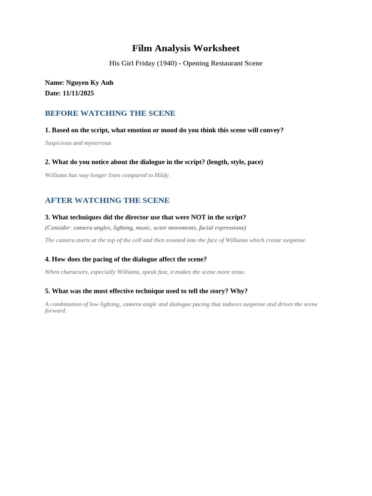 His Girl Friday Scene Analysis Worksheet | PDF