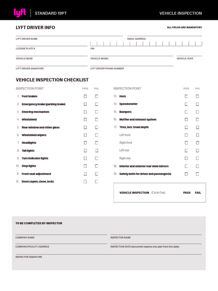 Lyft Vehicle Inspection Checklist | PDF