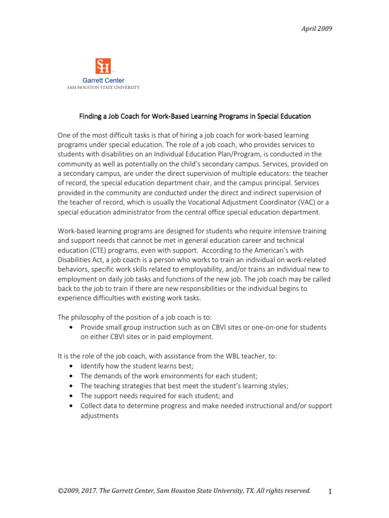Hiring Job Coaches for Special Education | PDF | Special Education ...