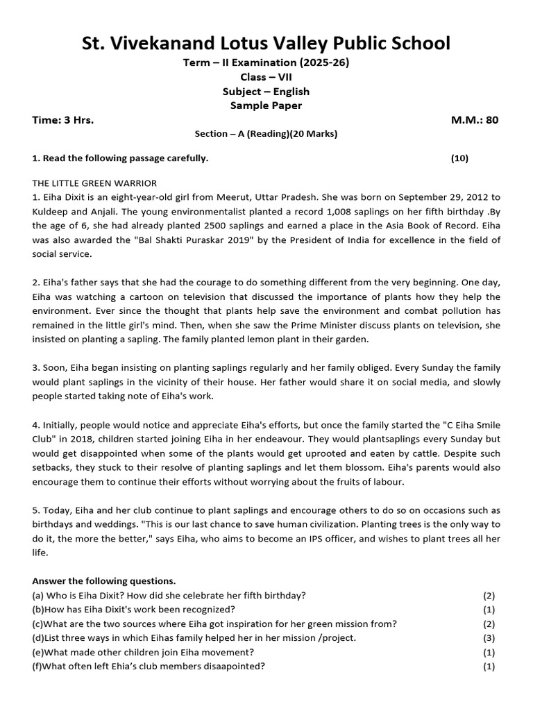 Class VII English Sample Paper 2025-26 | PDF | Sea | Water