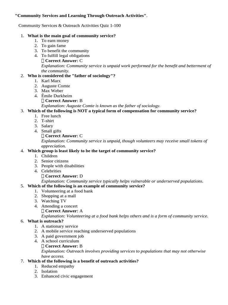 Community Service & Outreach Quiz Guide | PDF | Learning | Mentorship