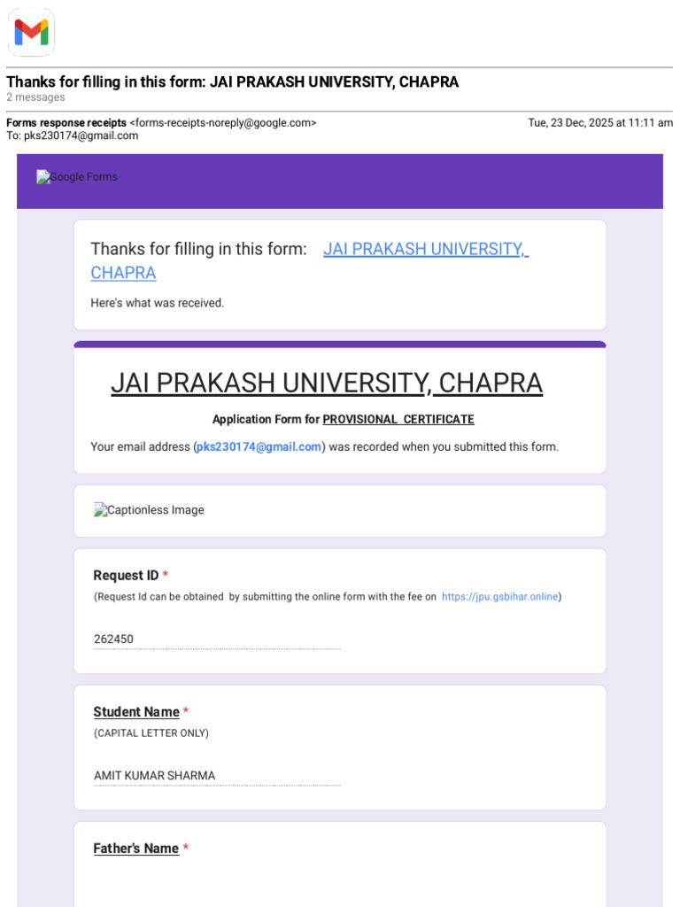 JPU Chapra Provisional Certificate Form | PDF | Academic Degree ...
