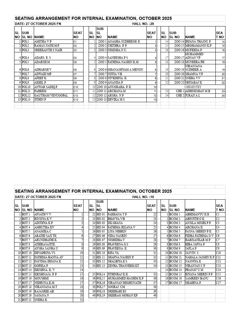 Internal Exam Seating Arrangement 2025 | PDF