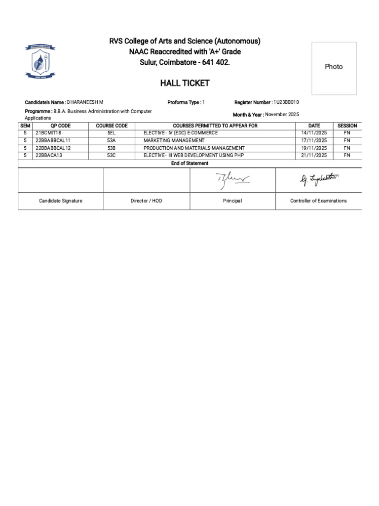 RVS College BBA Hall Ticket November 2025 | PDF