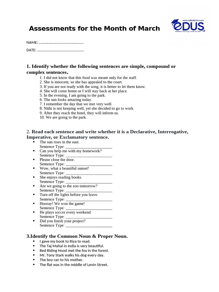 March Sentence Structure Assessments | PDF