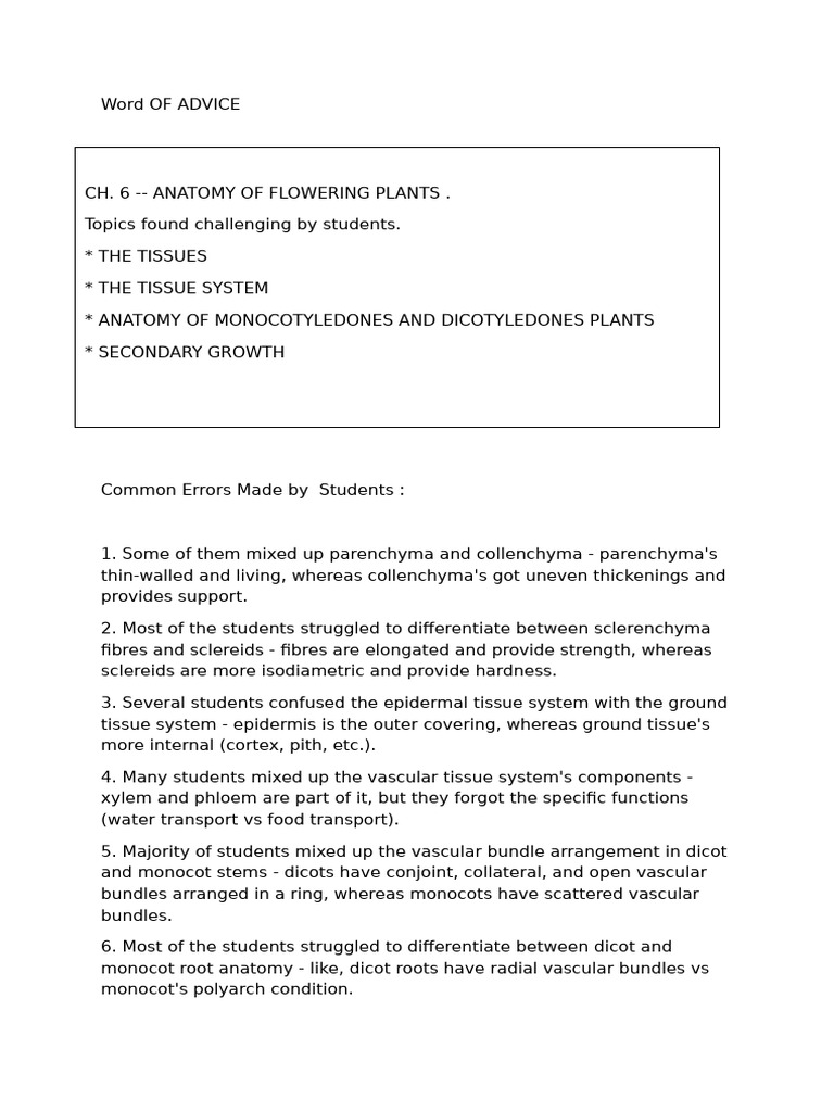 Common Plant Anatomy Errors by Students | PDF | Tissue (Biology ...