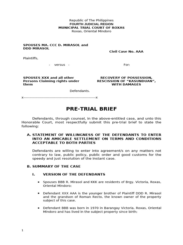 Pre-Trial Brief: Land Dispute Case | PDF | Justice | Crime & Violence
