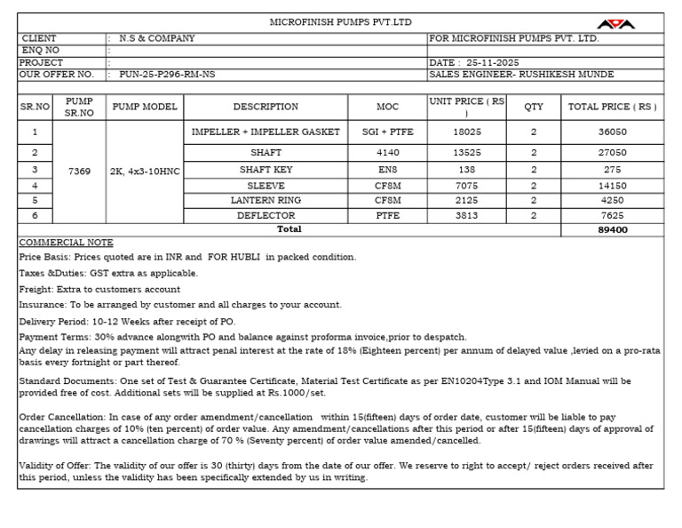 Microfinish Pump Quotation | PDF | Business | Government Finances