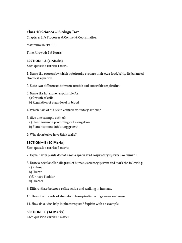 Class 10 Biology Test: Life Processes & Coordination | PDF ...