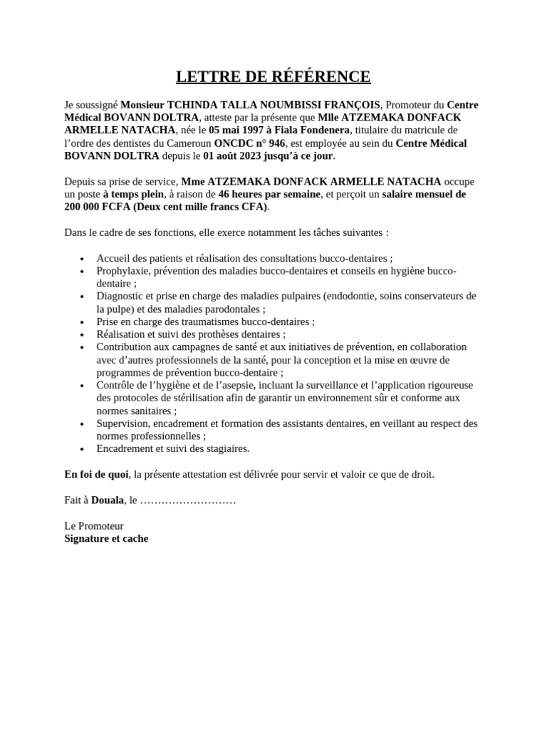 Attestation de référence pour Mlle Atzemaka | PDF
