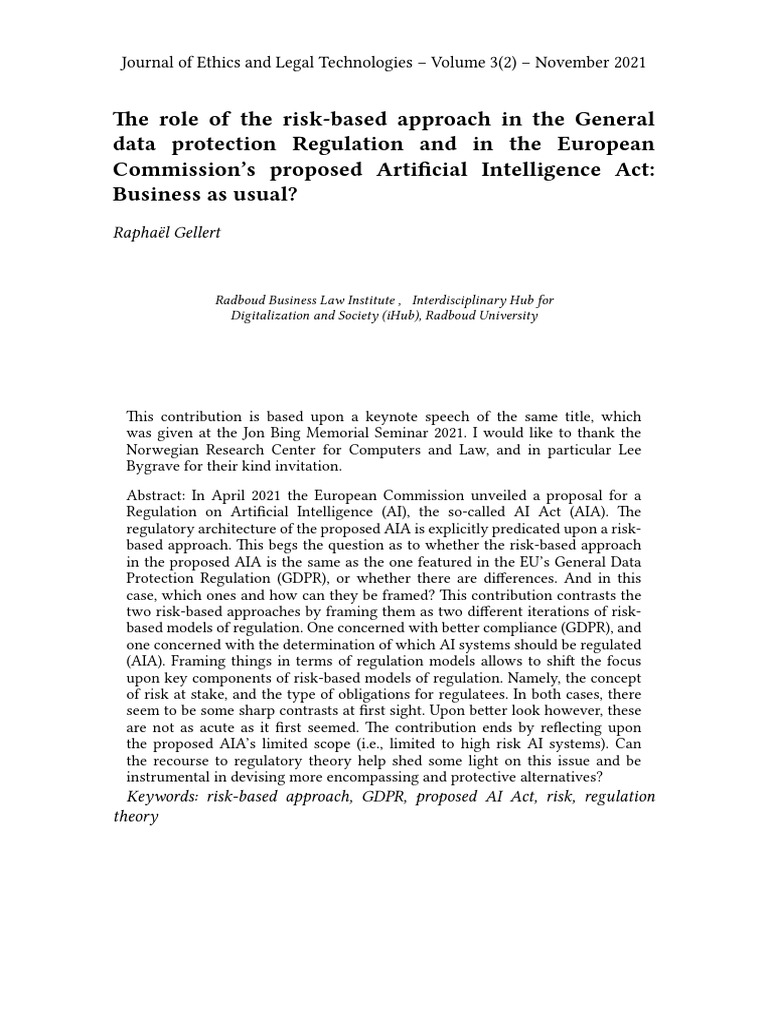 The Role of The Risk-Based Approach in GDPR and AI Act | PDF | Risk ...