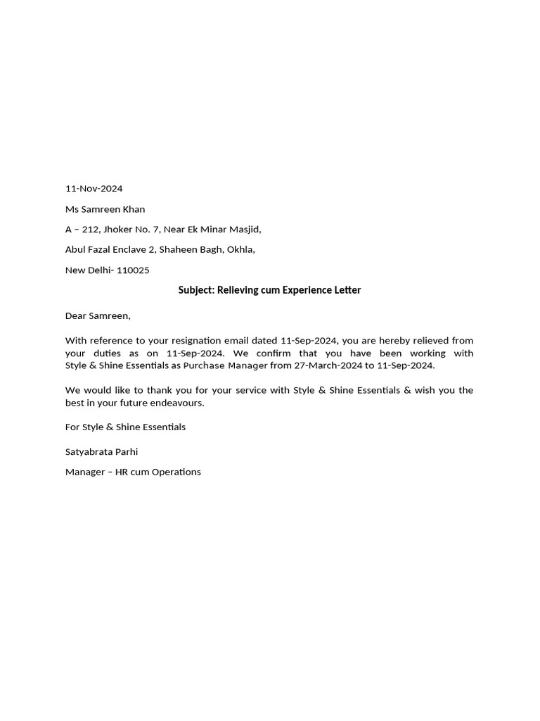 Relieving Letter Draft | PDF