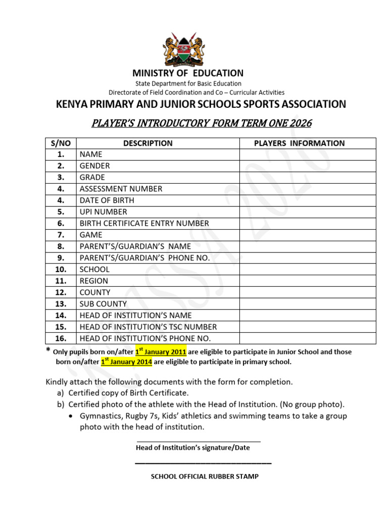 Kenya Sports Association Player Form 2026 | PDF