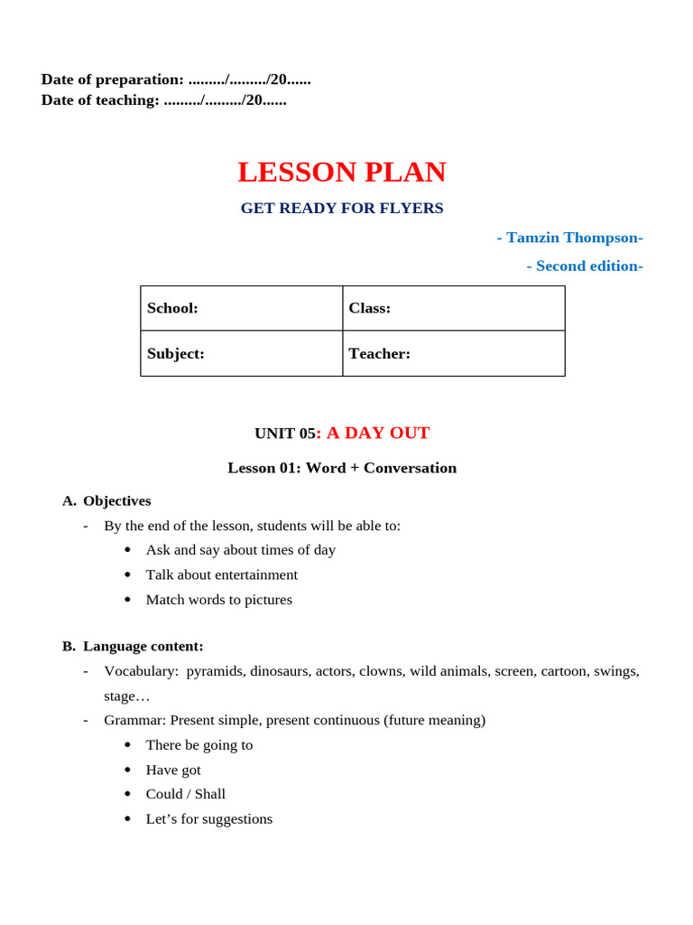 Flyers Lesson Plan: A Day Out | PDF | Vocabulary | Learning
