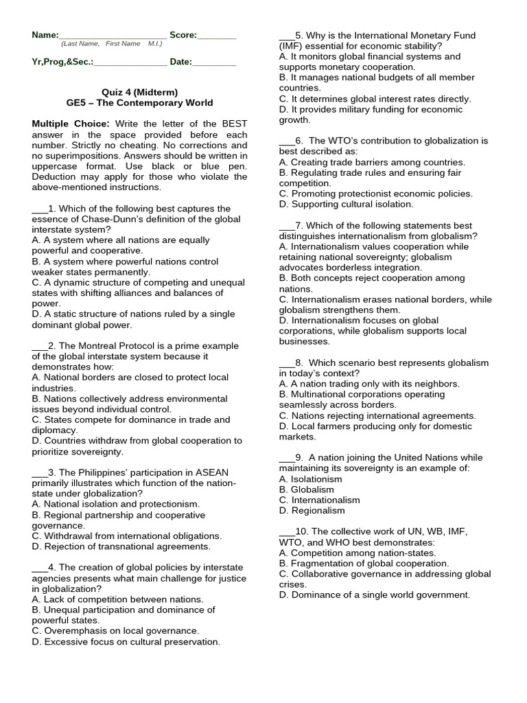 Midterm Quiz on Globalization Concepts | PDF | Globalization ...