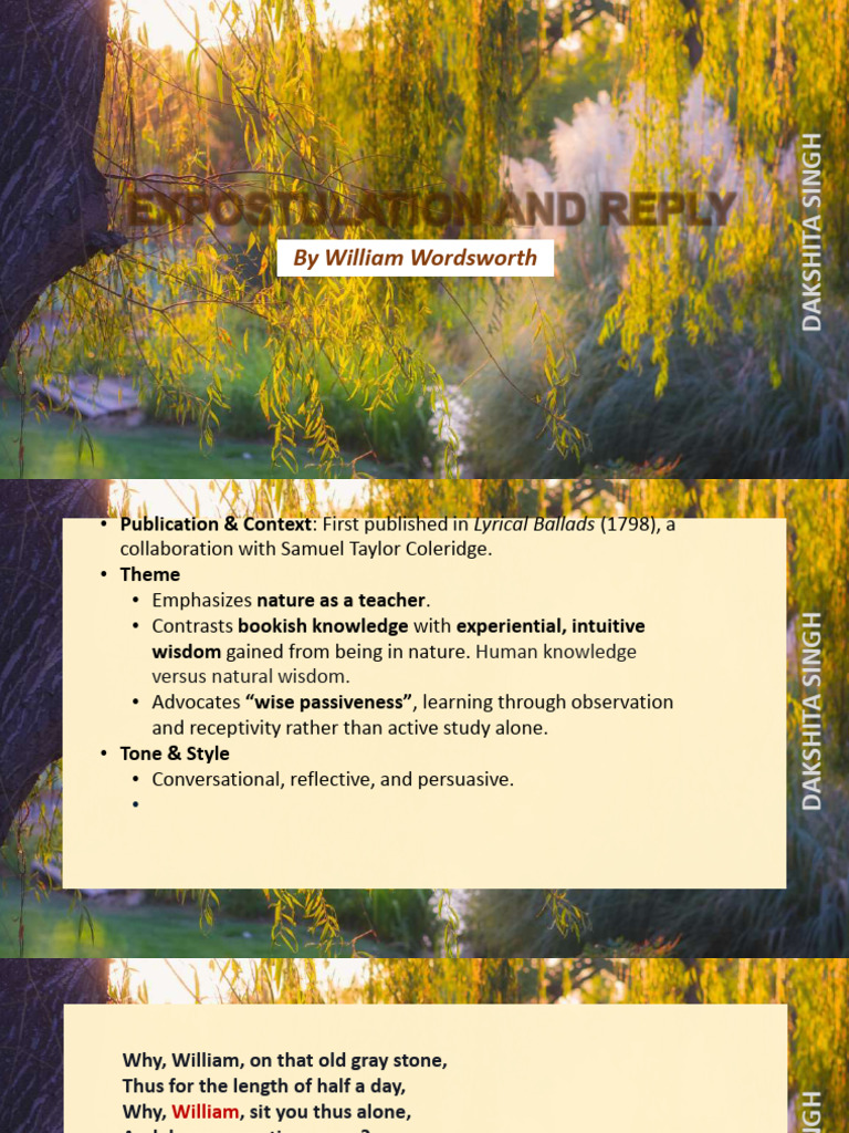 Expostulation and Reply by William Wordsworth Notes by Dakshita | PDF ...