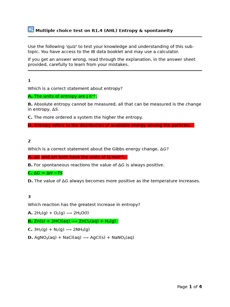 Entropy & Spontaneity Quiz AHL | PDF | Gibbs Free Energy | Entropy