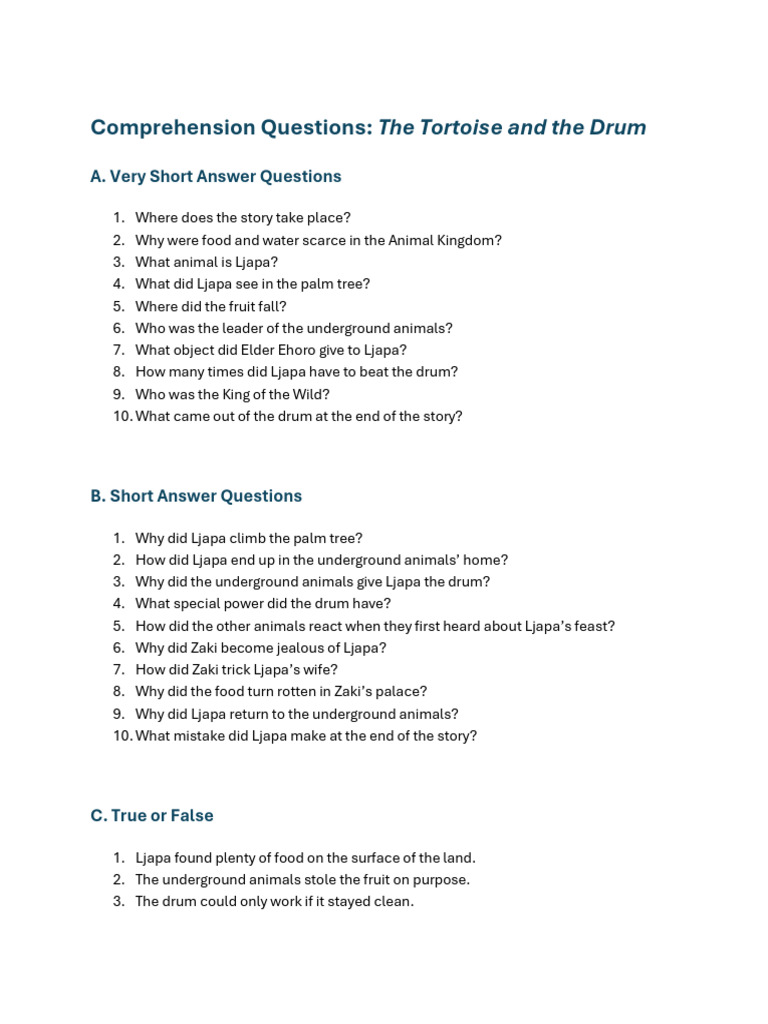 Comprehension Questions for "The Tortoise and the Drum" | PDF