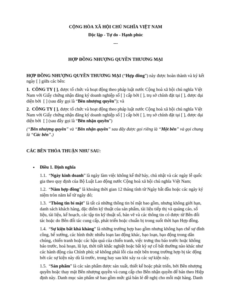 Mau Hop Dong Nhuong Quyen Thuong Mai Standard | PDF