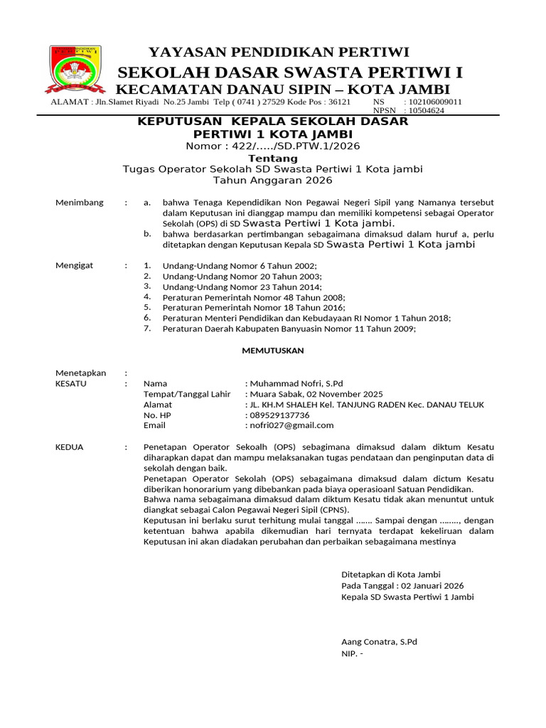 Penetapan Operator SD Pertiwi 1 Jambi | PDF