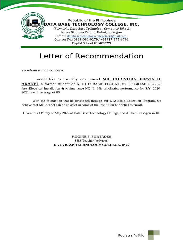 Recommendation for Christian Jervin Aranel | PDF