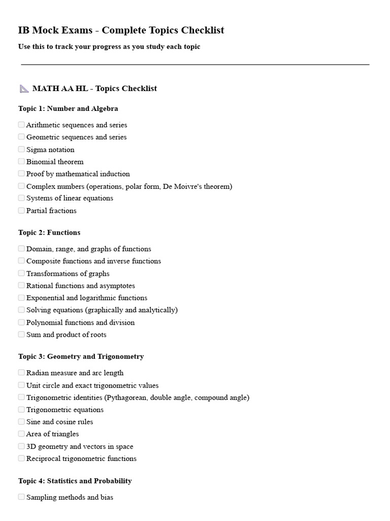 IB Mock Exams: Comprehensive Topic Checklists | PDF | Trigonometric ...