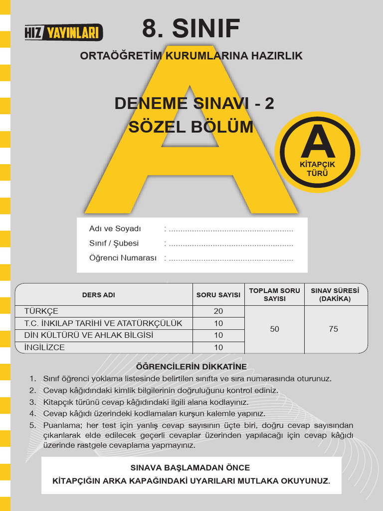 8.sinif Turkce Deneme Sinavi 1 | PDF