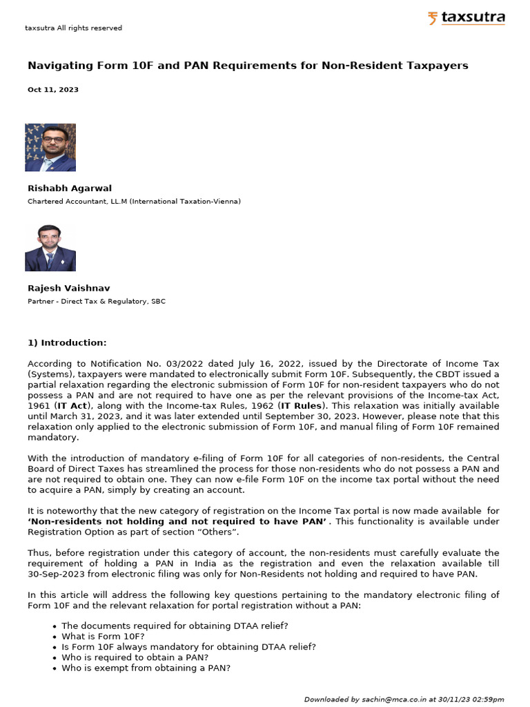 Navigating Form 10F and PAN Requirements For Non-Resident Taxpayers ...
