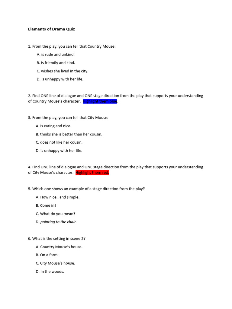 Elements of Drama Quiz for Students | PDF