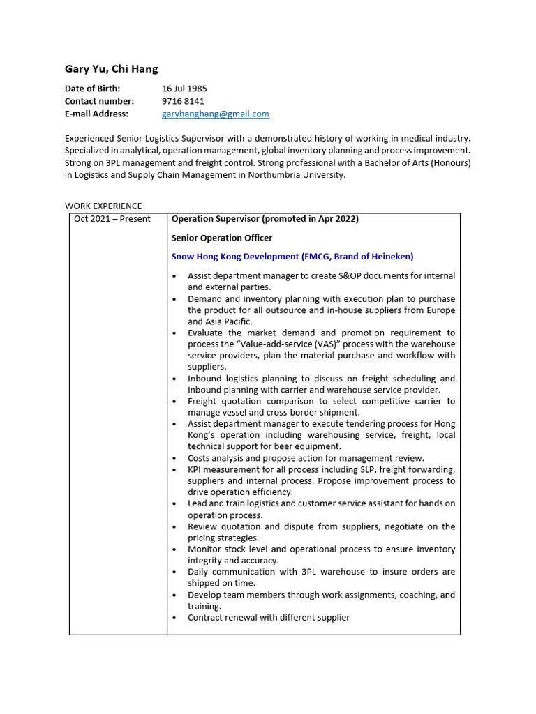 Yu Chi Hang Gary - Resume - 2024 | PDF | Logistics | Supply Chain