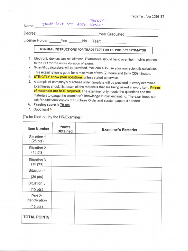 Answer Keys Trade Test Exam 2026 Ver | PDF