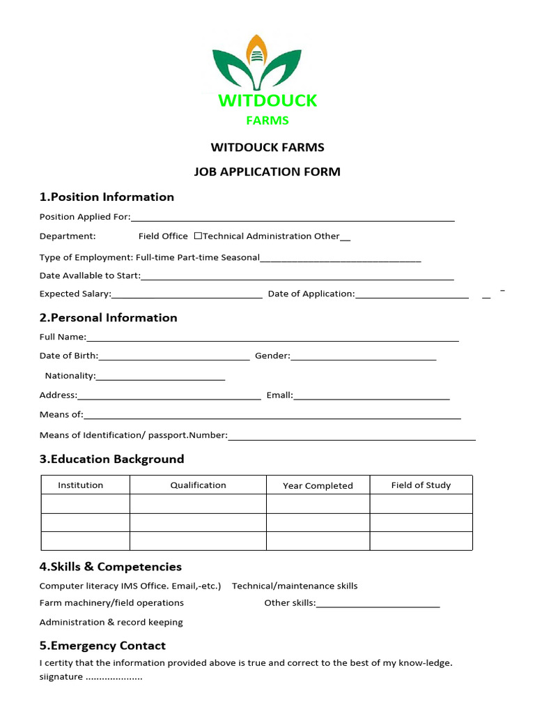 Witdouck Farms Job Application Form - 251221 - 151451 | PDF