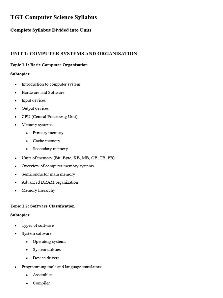 TGT Computer Science Syllabus - Organized Into Units | PDF | Computer ...