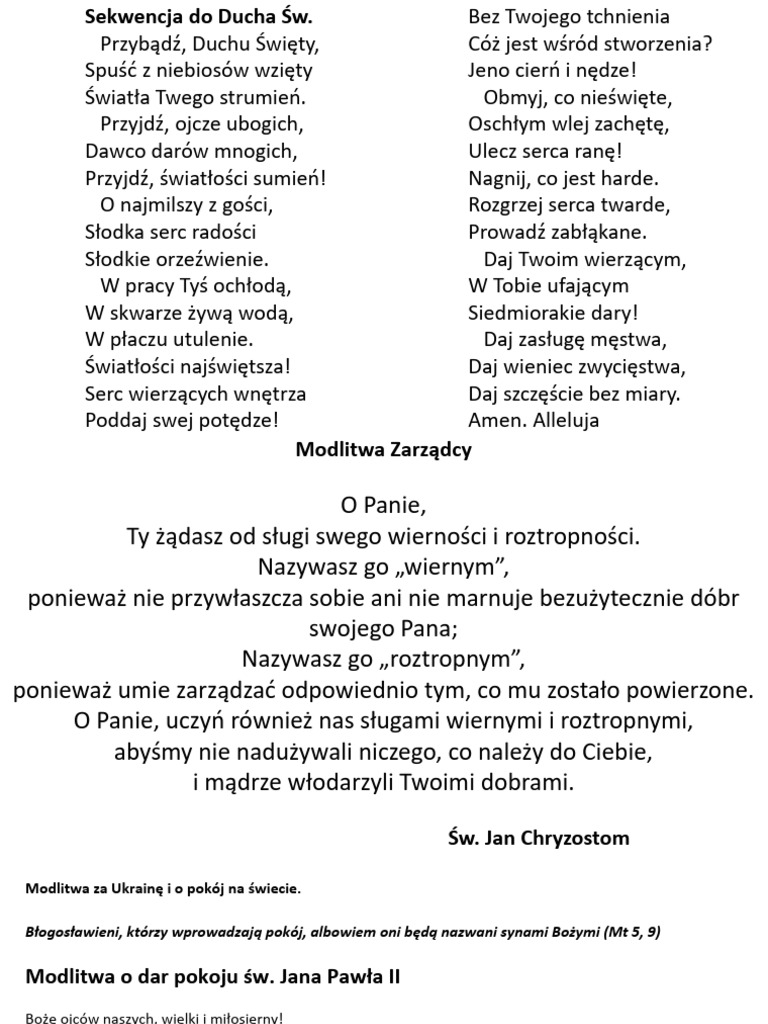 Sekwencja Do Ducha Sw i Modlitwa Zarzadcy Modlita o Dar Pokoju Sw. Jana ...