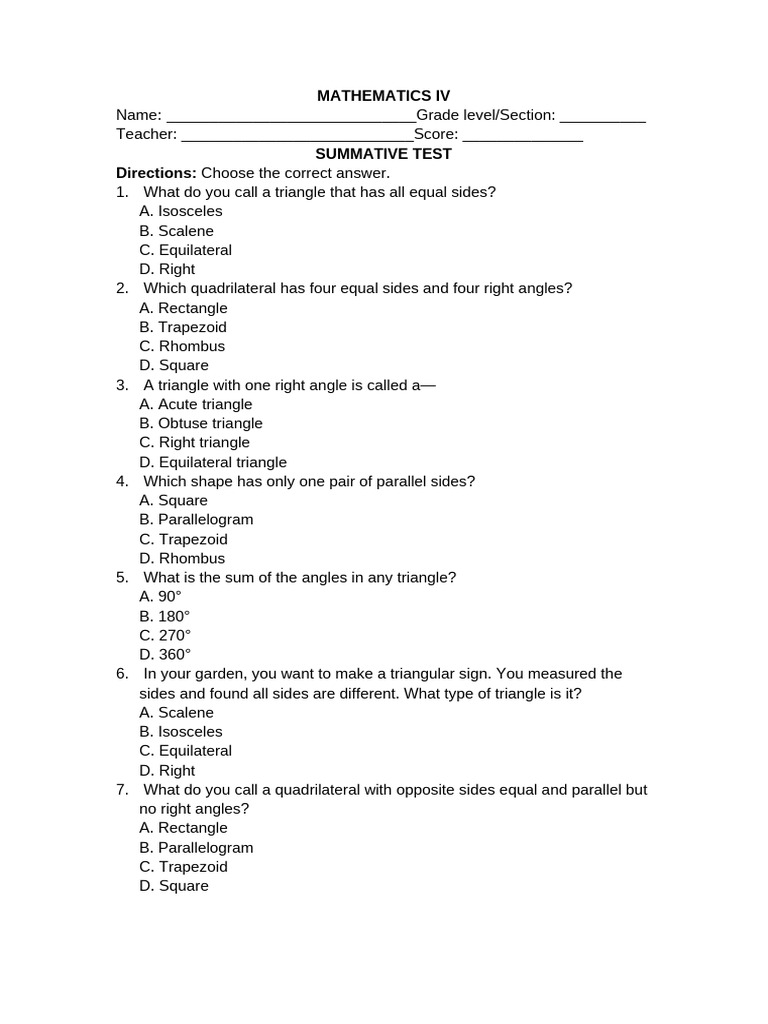Mathematics IV Summative Test Guide | PDF | Triangle | Rectangle