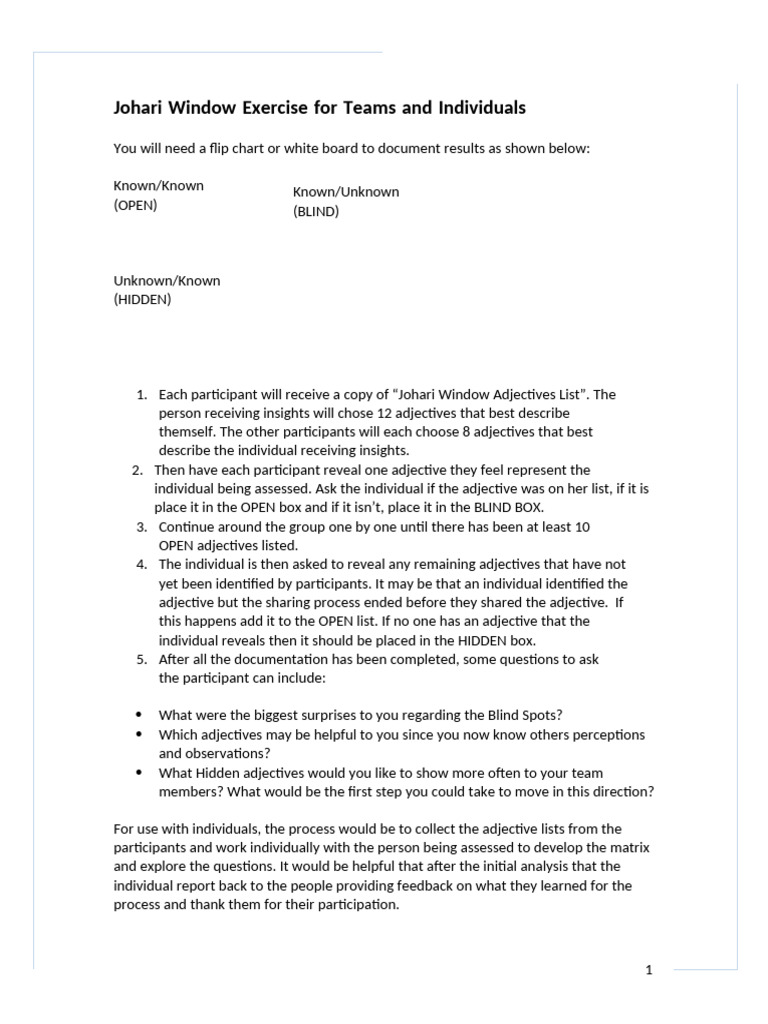 Johari Window Team Exercise Guide | PDF | Psychological Concepts ...
